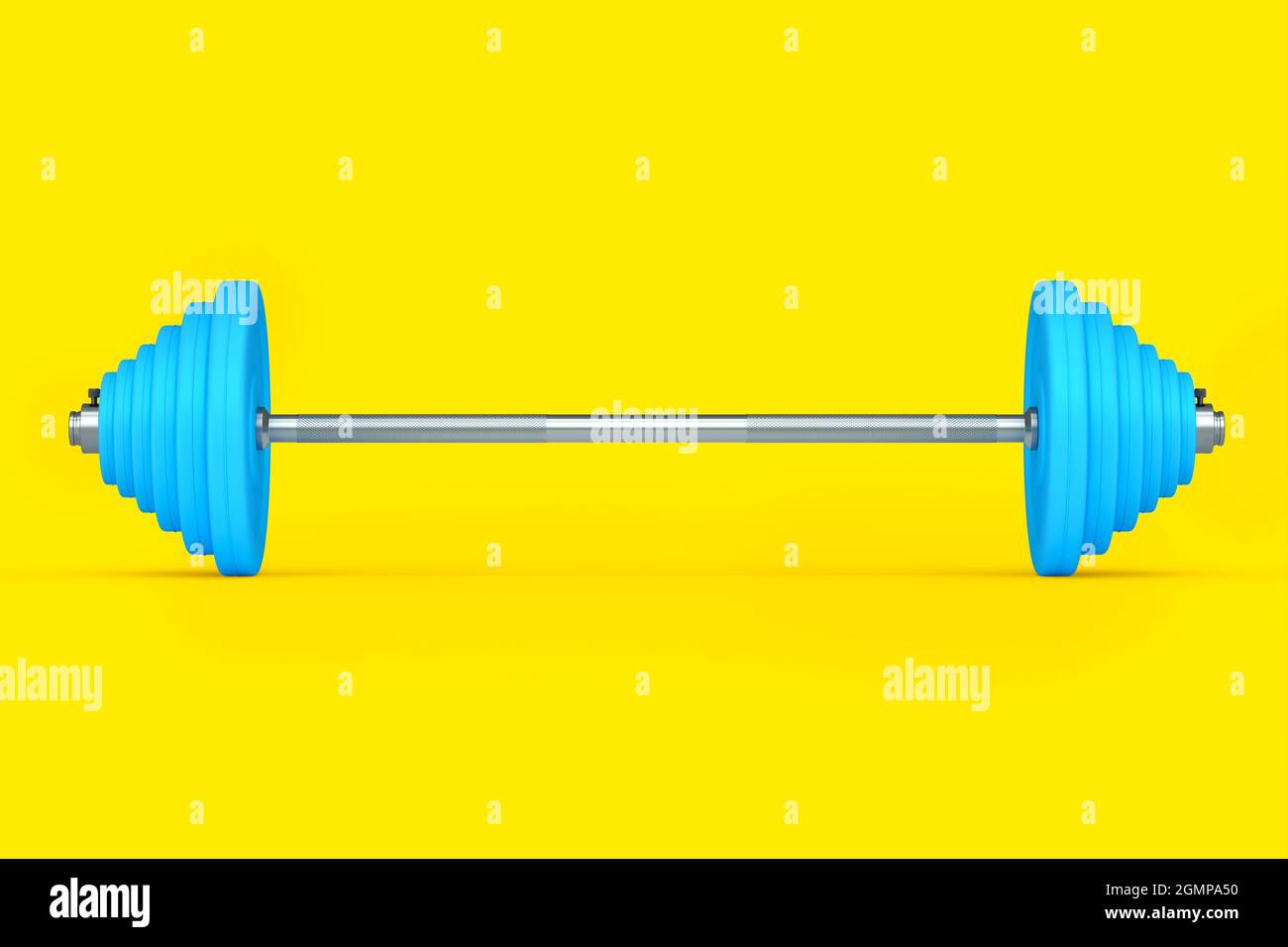 Abstract metal barbell with blue disks isolated on yellow background ...