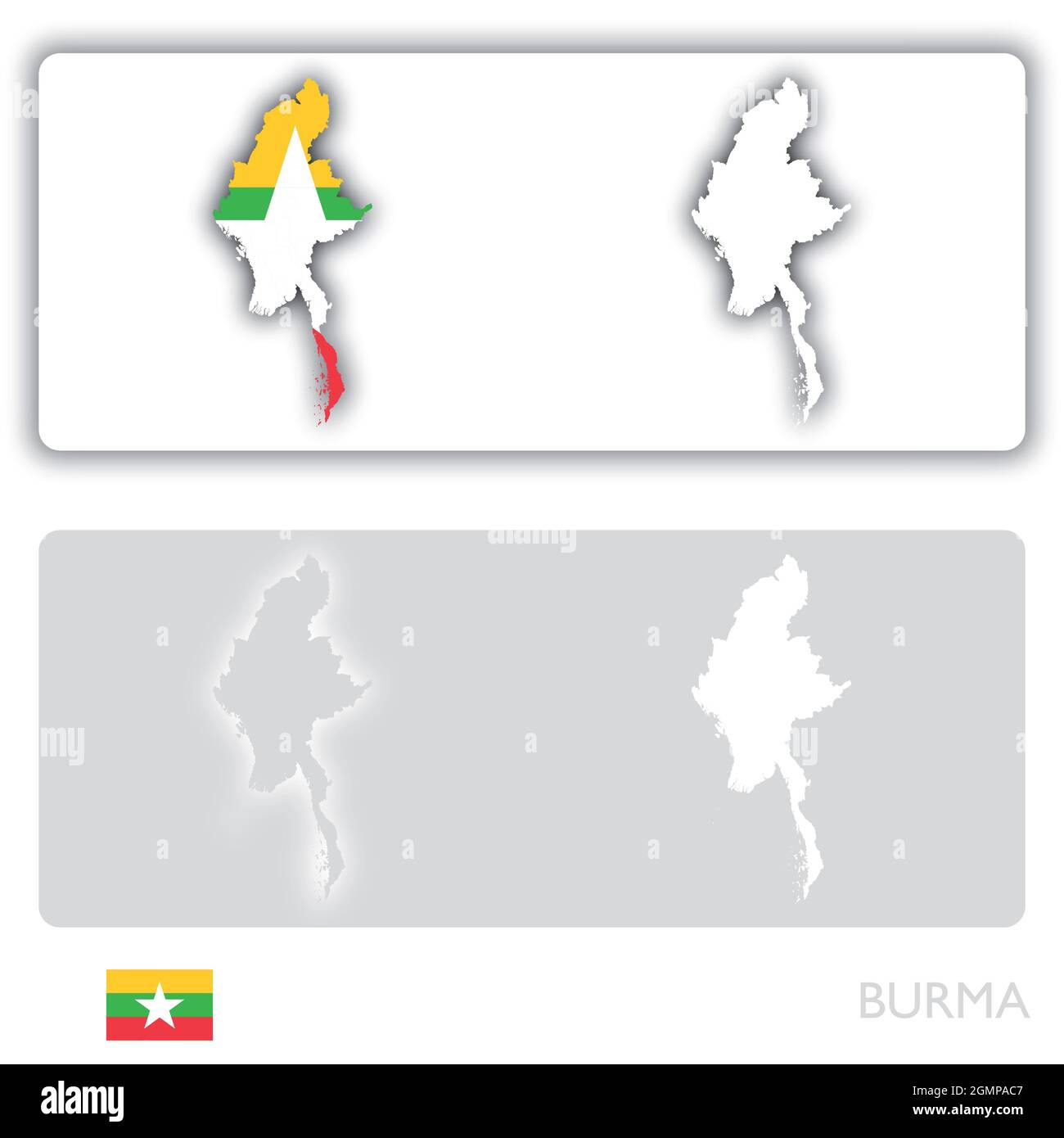 Burma map with flag and shadow on white and grey background Stock ...