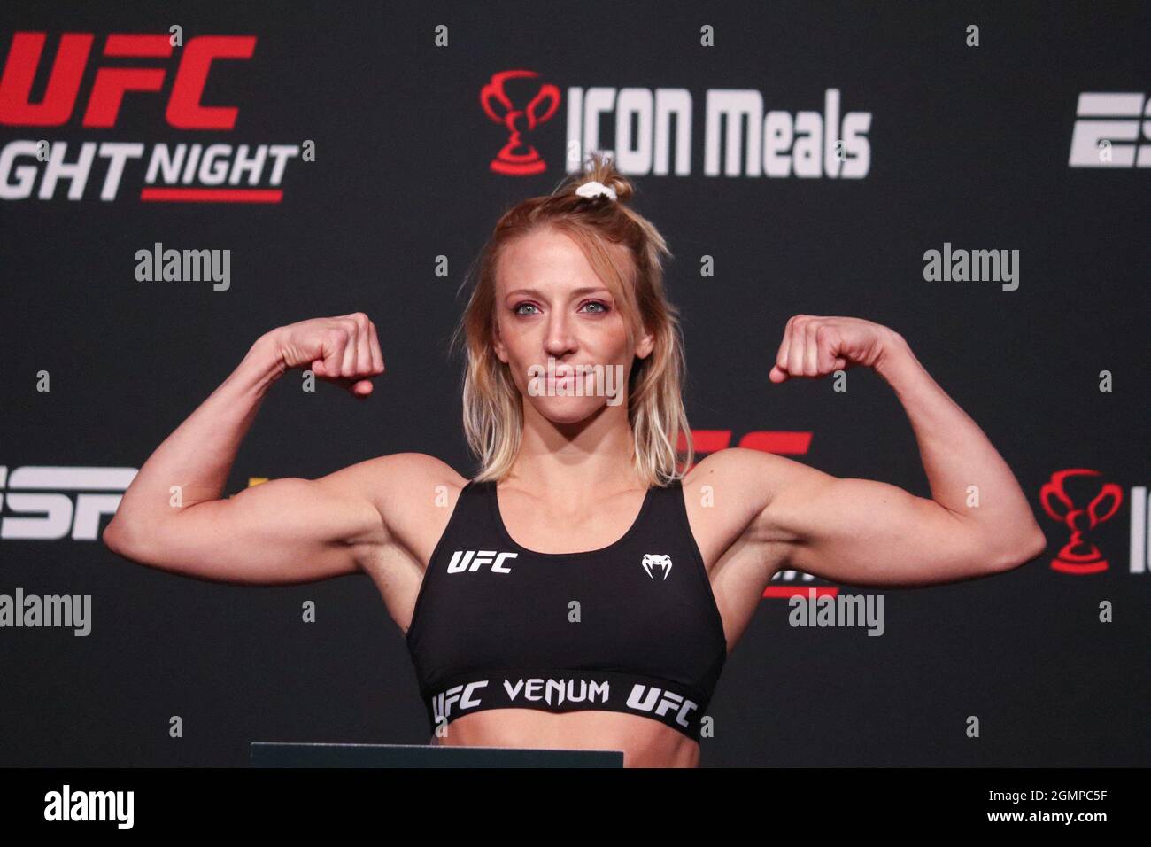 Emily Whitmire Poses On The Scale During The Ufc Vegas 37 Smith V Spann Weigh In At Ufc Apex On