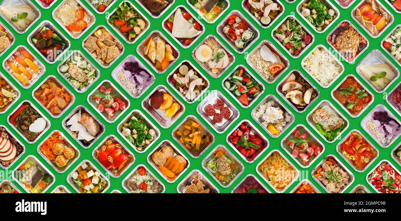Healthy food delivery background with different tasty meals in foil ...