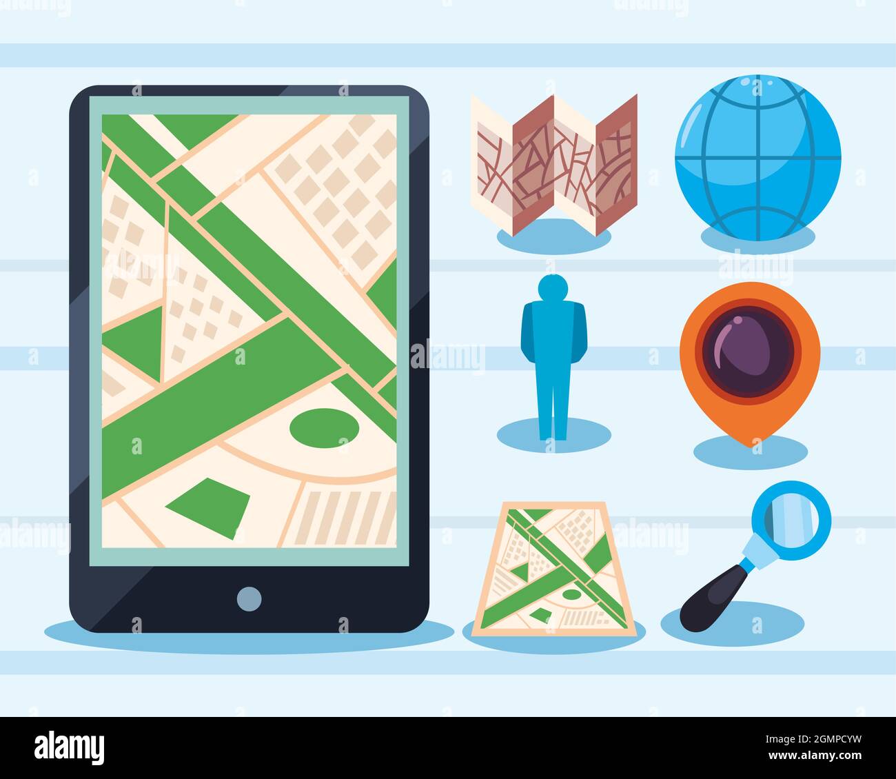 smartphone with map and location icons on blue background Stock Vector ...