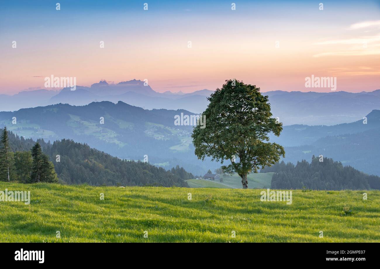 Mountain landscape at sunset in the Bregenz Forest mountains of ...