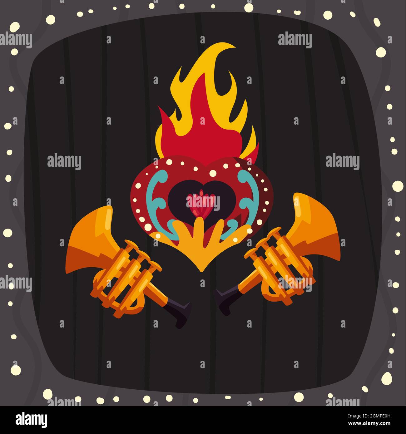 Mexican heart with flame and trumpets on black background Stock Vector ...