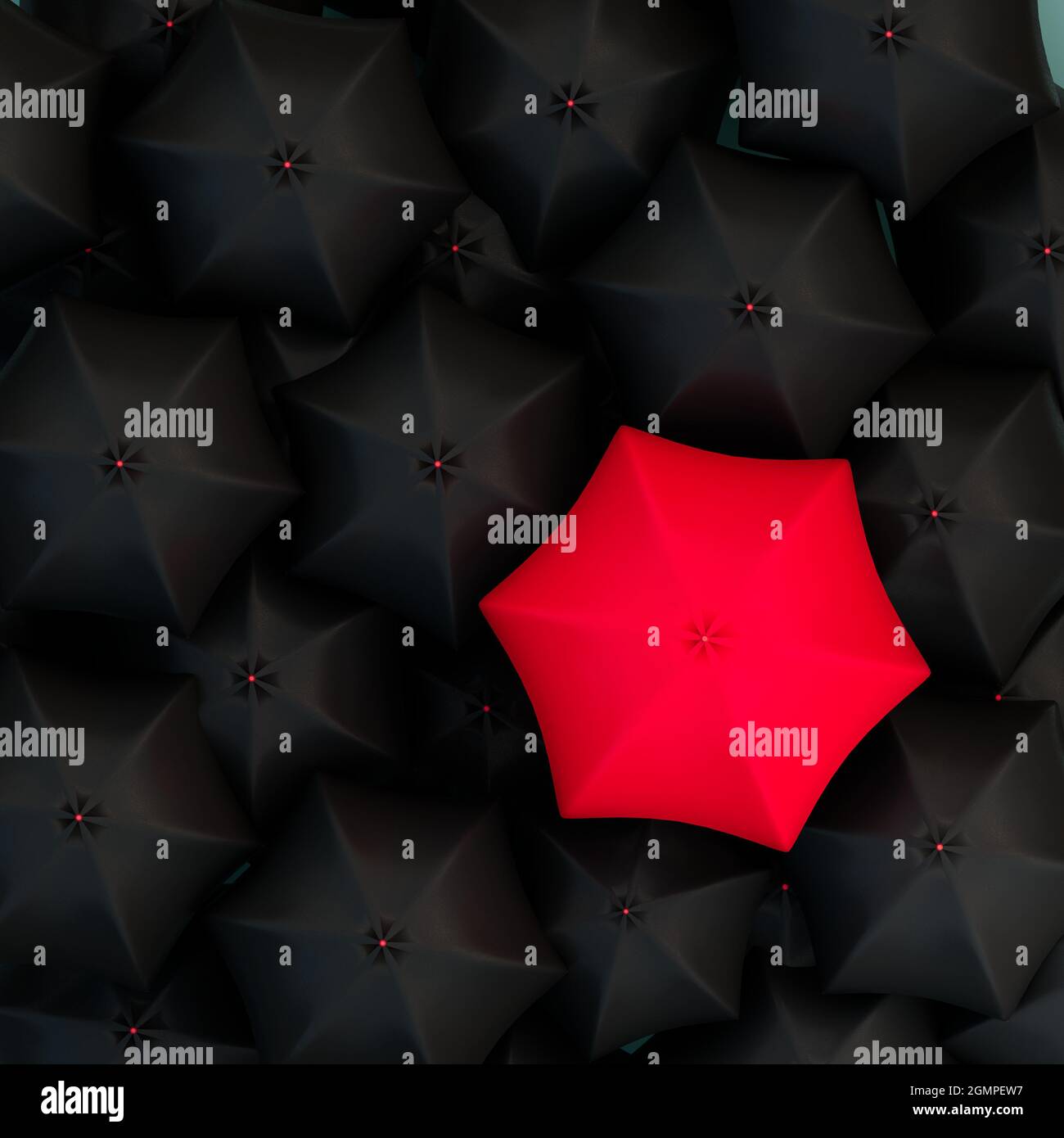 Render top view of red umbrella among black umbrellas - unique and ...