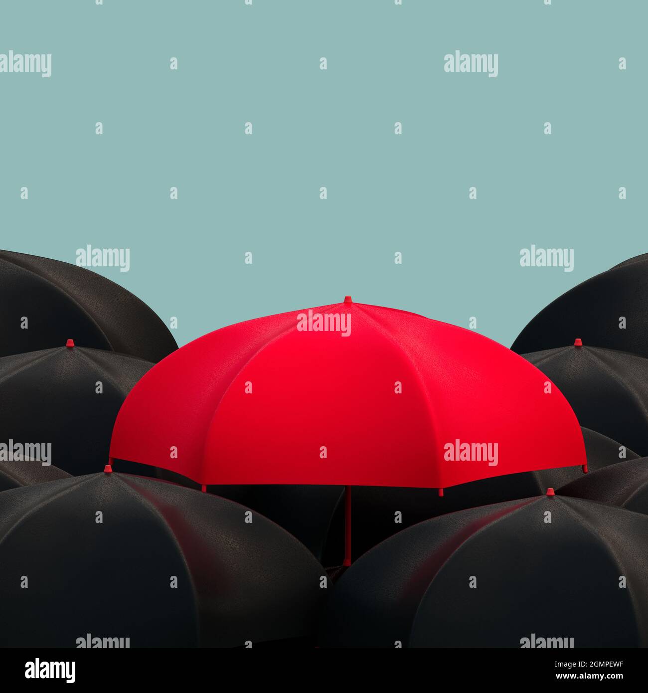 Rendered red umbrella standing out from black umbrellas - unique and ...