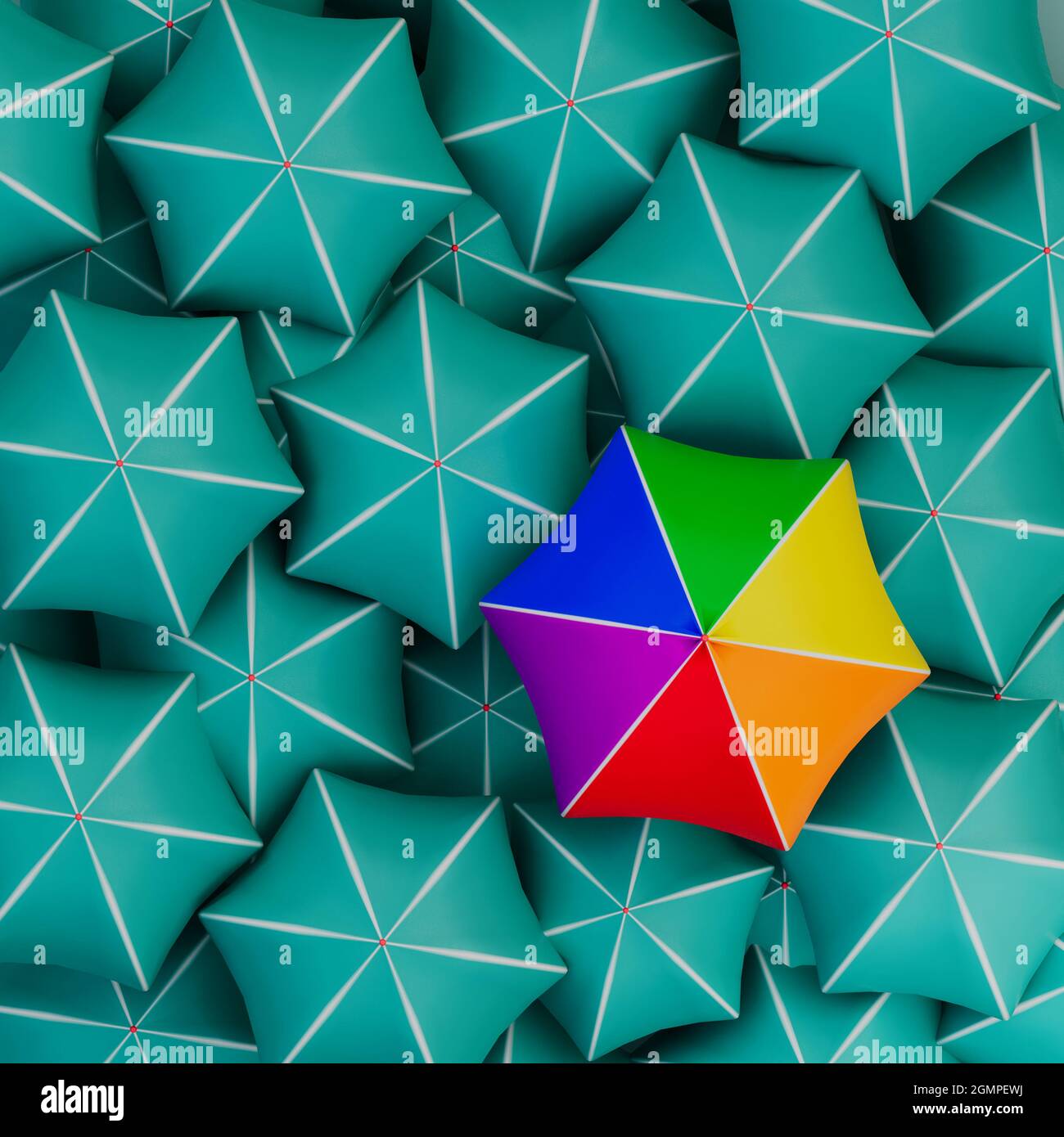 Render top view of a colorful umbrella among turquoise umbrellas ...