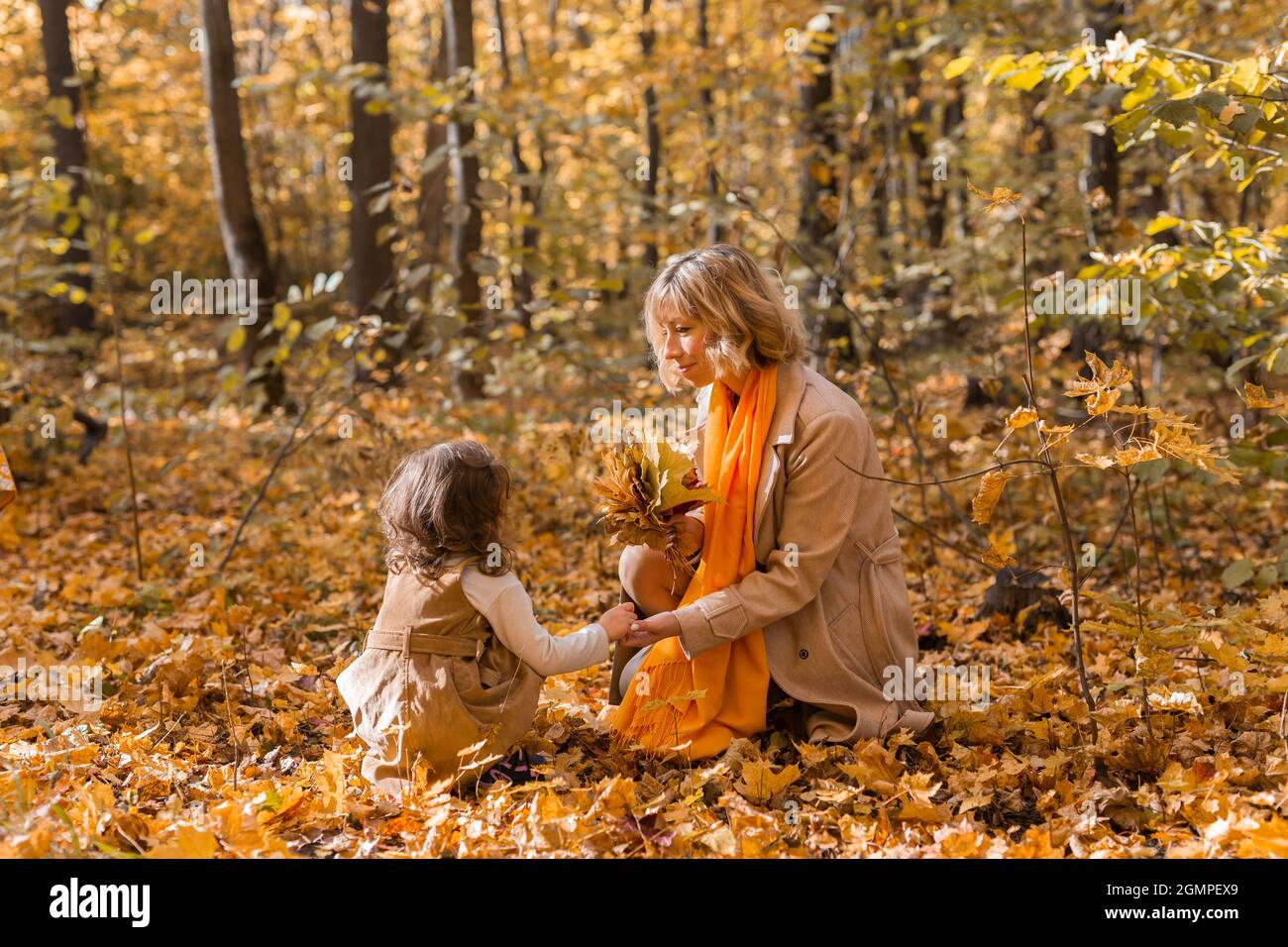 Young mother with her little daughter in an autumn park. Fall season ...