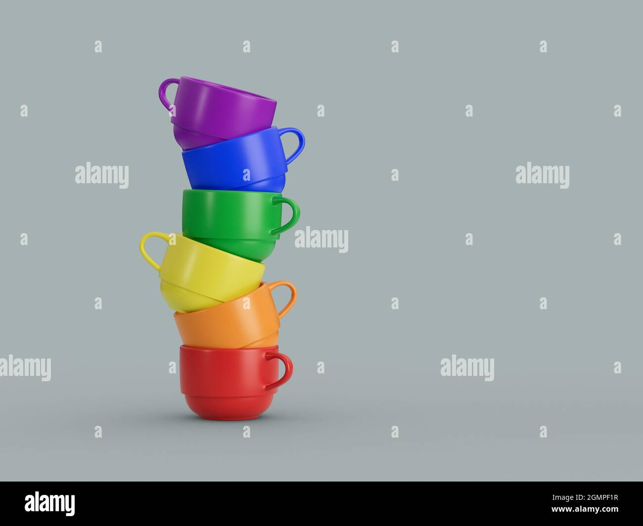 3D illustration of stacked rainbow-colored cups on a grayish-blue ...