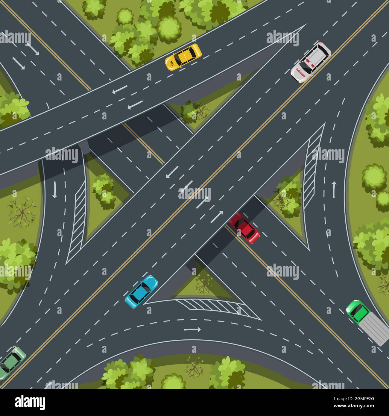 Aerial top view highway junction, cross roads, interchange and ...