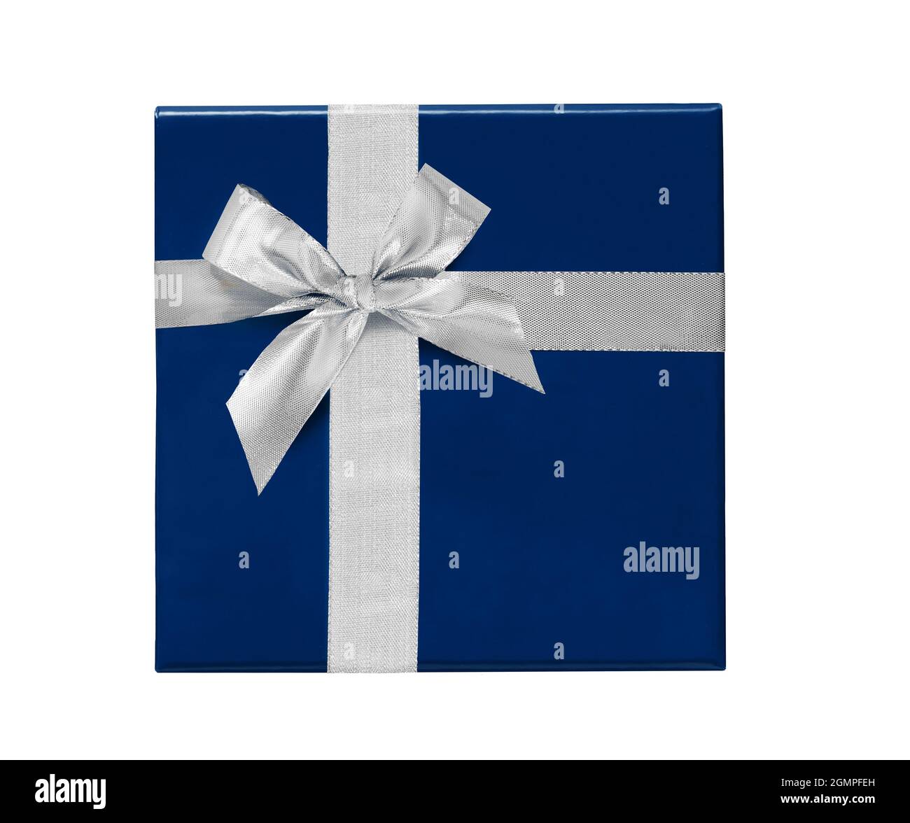 Silver gift box blue ribbon hi-res stock photography and images - Alamy