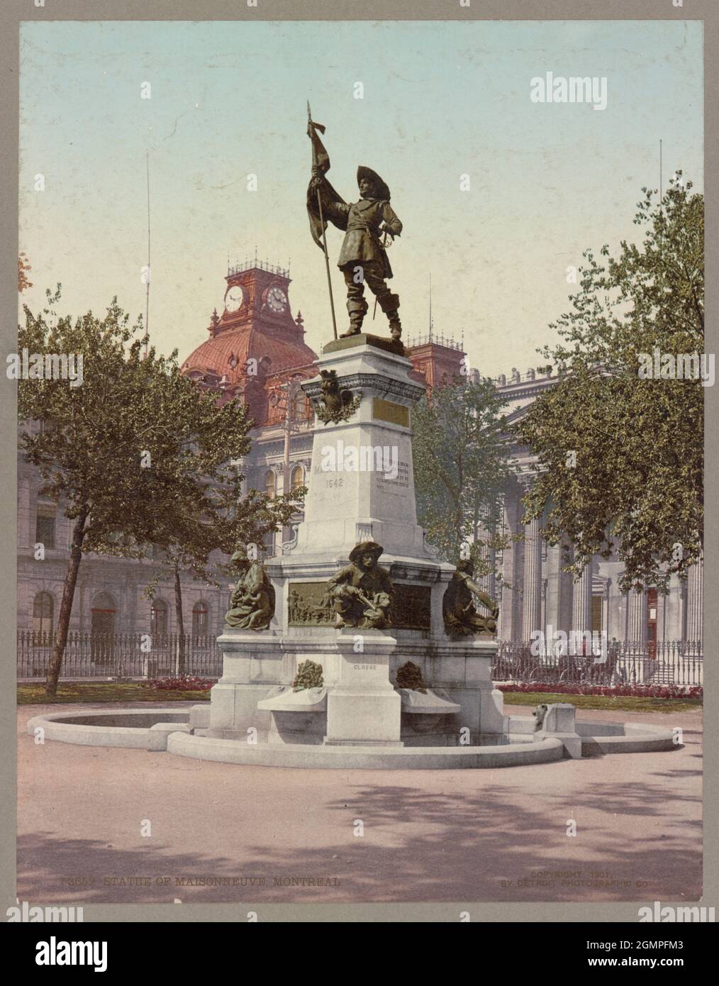 Statue of Maisonneuve, founder of Montreal, on Place d'Armes circa 1901 ...