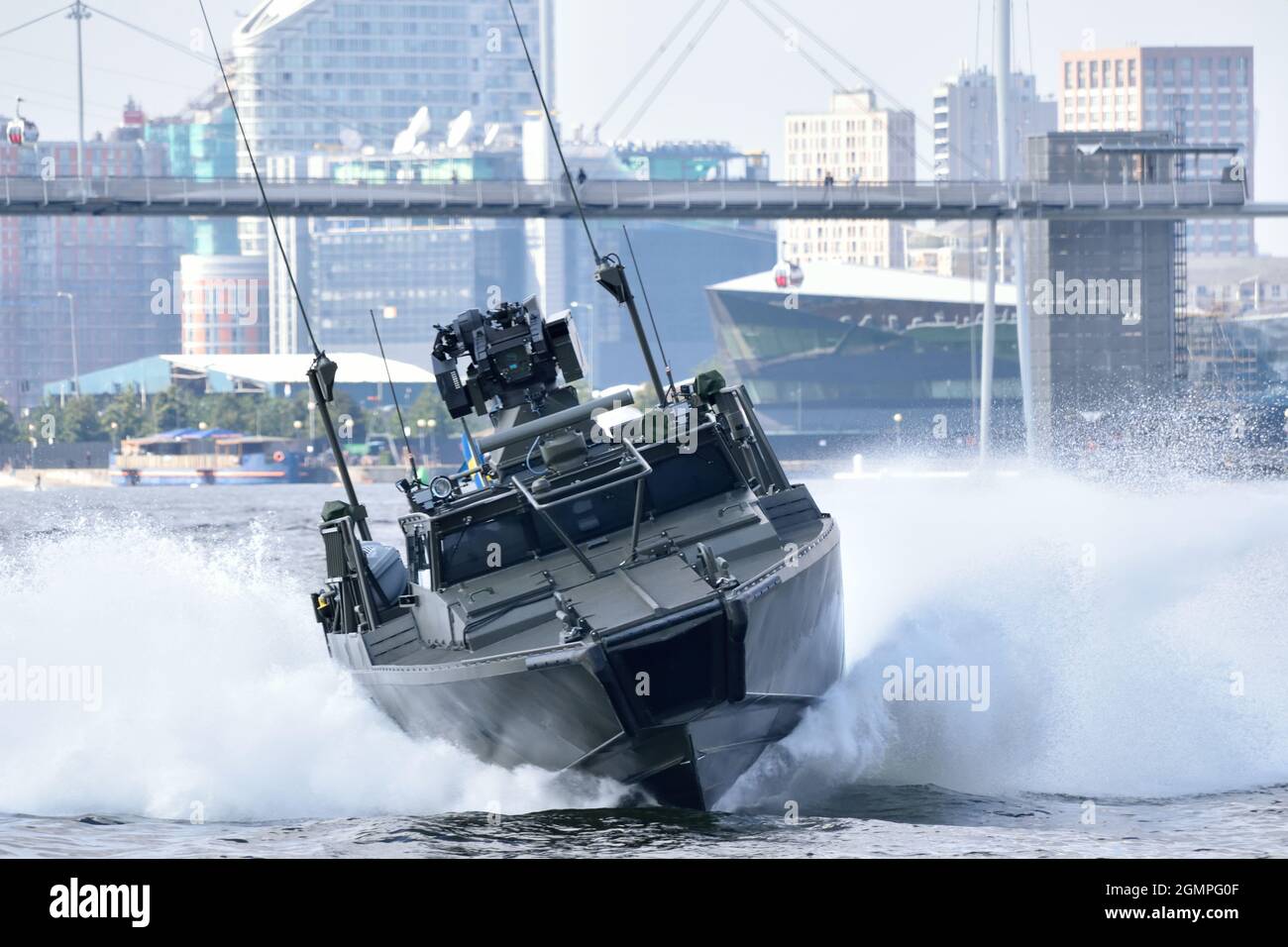 Swedish Navy CB90 NG patrol boat undertaking hard and fast maneuvering ...