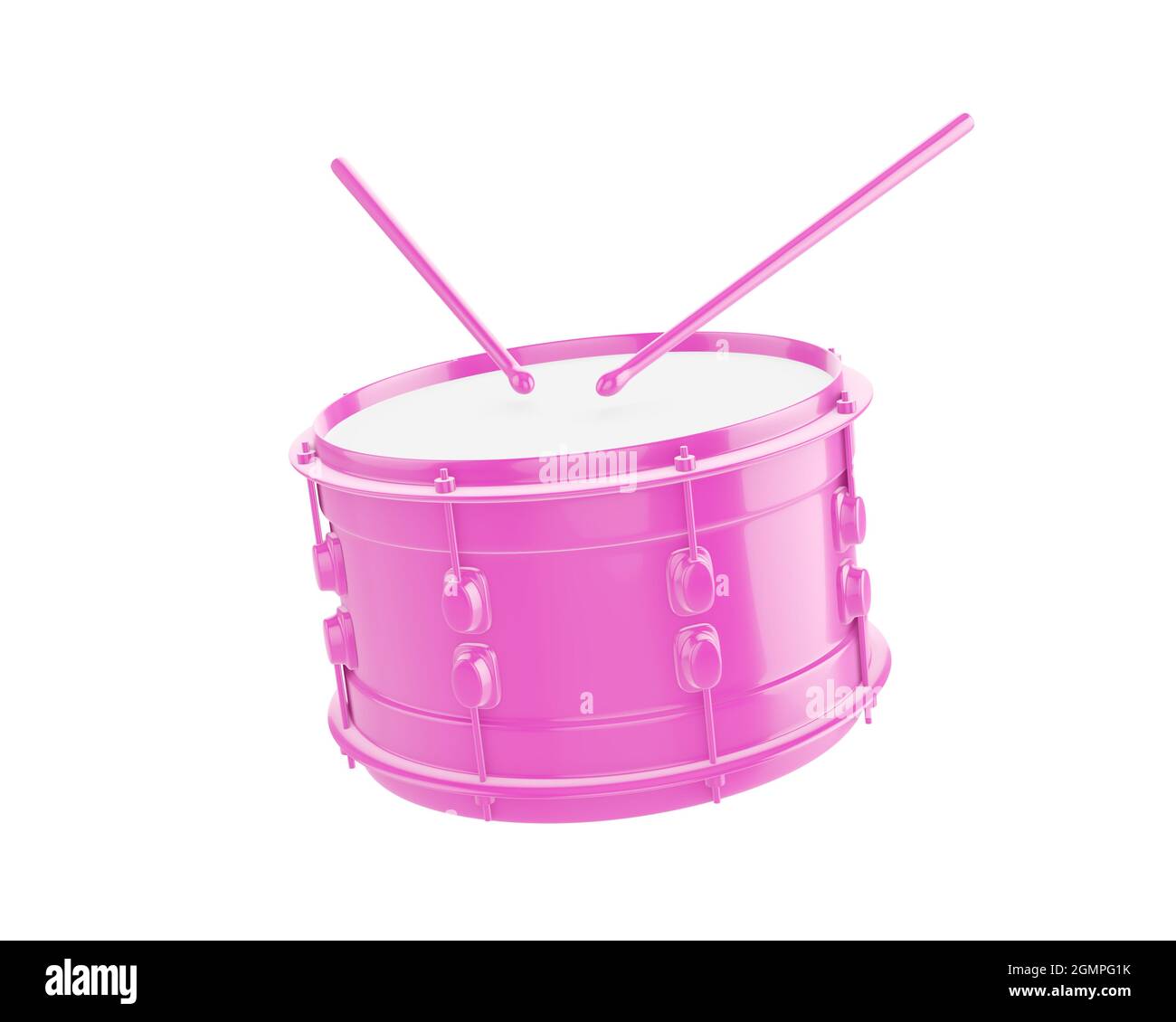 pink snare drum and drumsticks isolated on white background. 3d ...