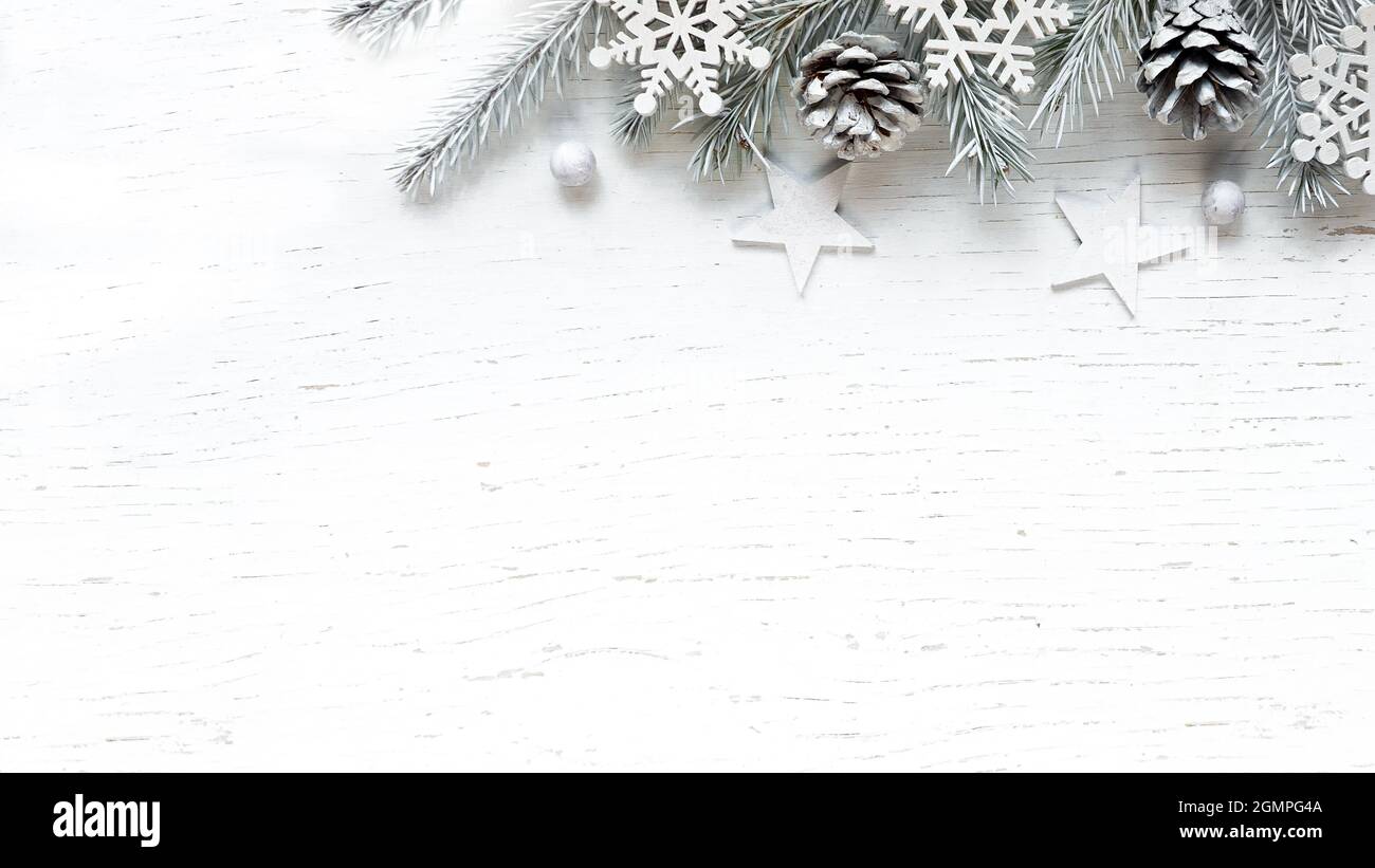 Christmas white Fir tree branches with white pine cones Stock Photo - Alamy