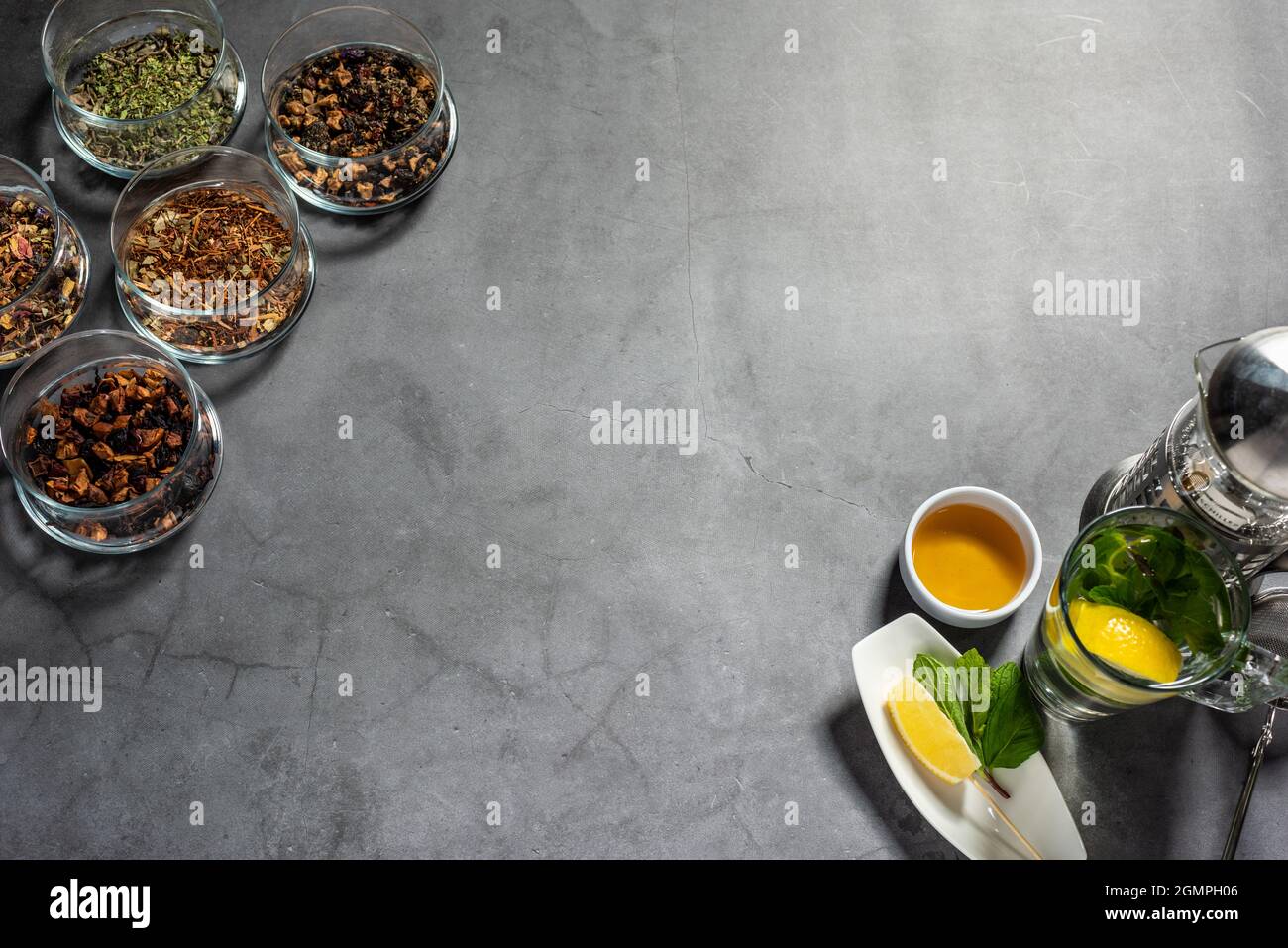 Creative layout made with tea, green tea, black tea and various fruit ...