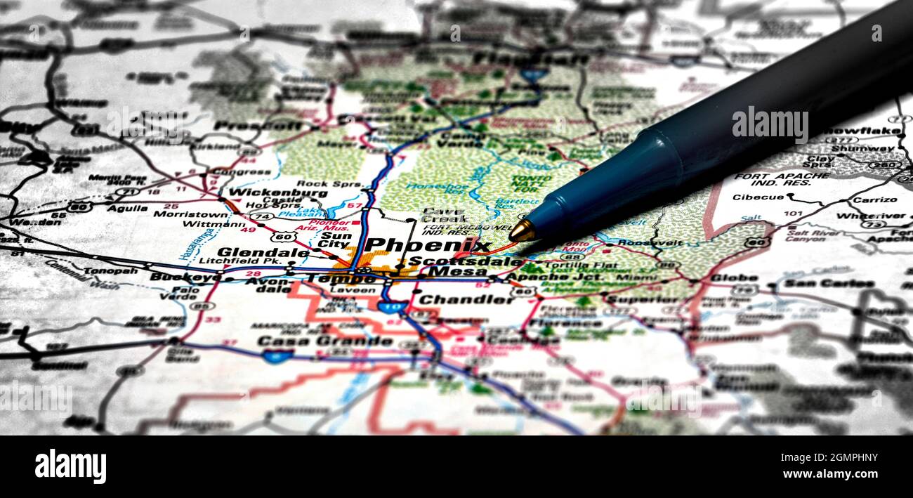 Closeup map of city Phoenix for travel destination driving with pen ...