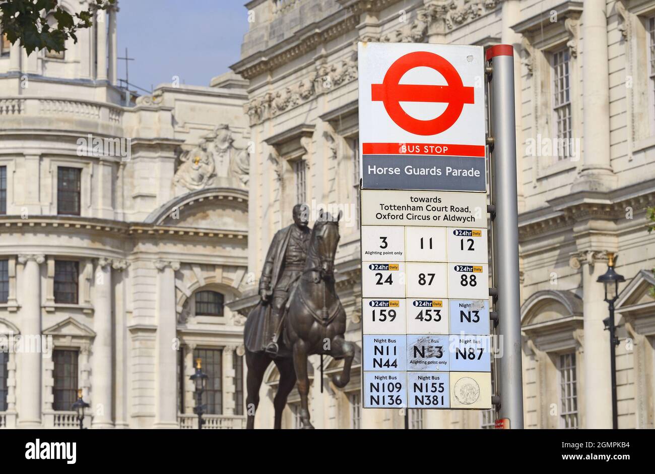 London, England, UK. Bus stop sign for Horse Guards Parade in Whitehall ...