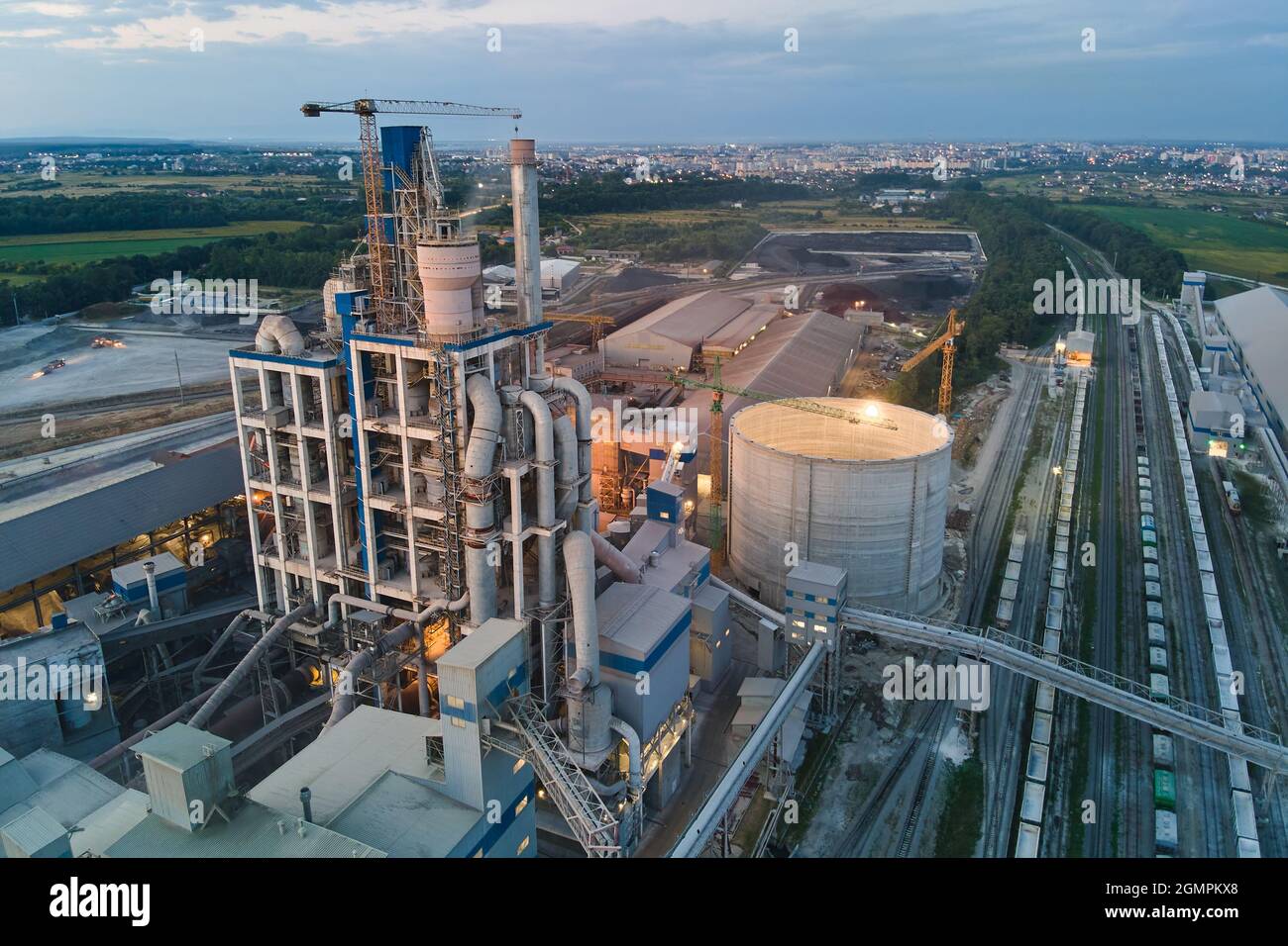 Aerial view of cement factory with high concrete plant structure and ...