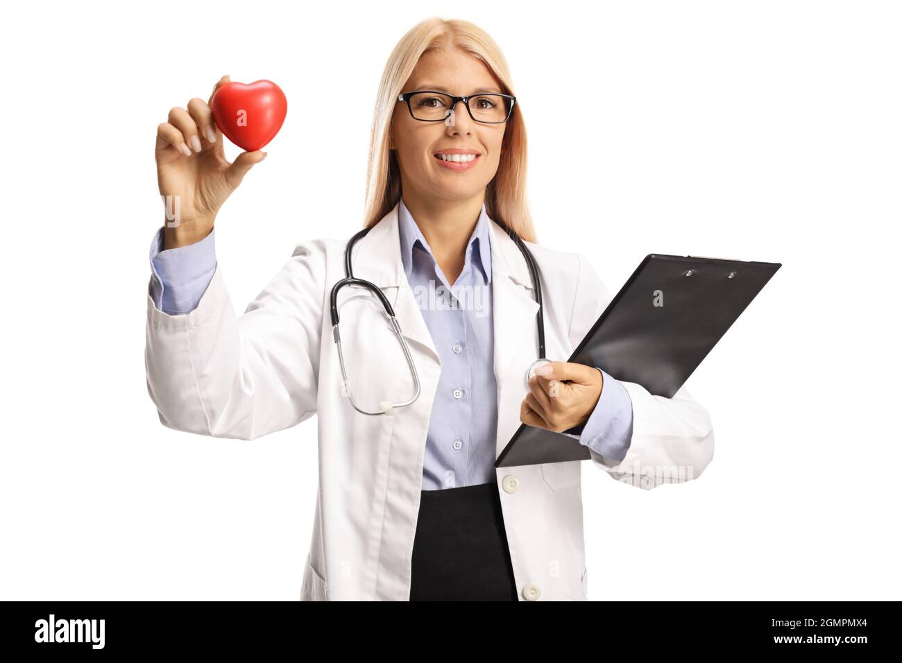Young female cardiologist doctor holding a red heart and a clipboard ...
