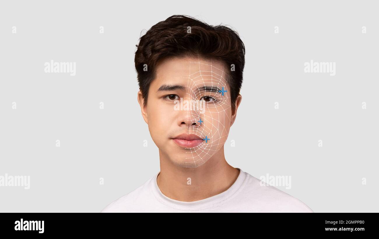 Asian man getting face scanning, closeup, collage for modern ...