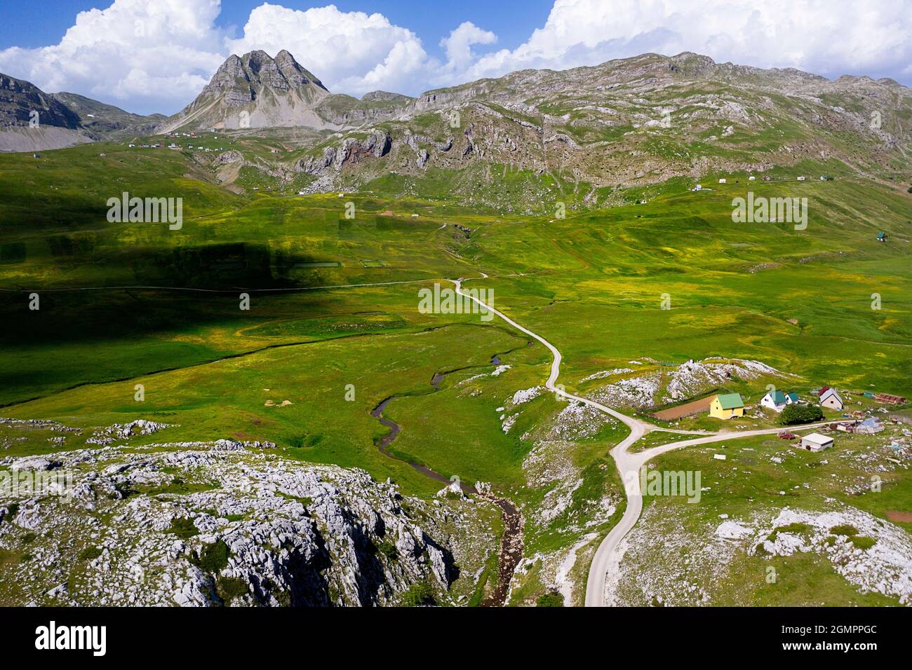 aerial view of a beautiful Lukavica plateau and grass meadow full of ...