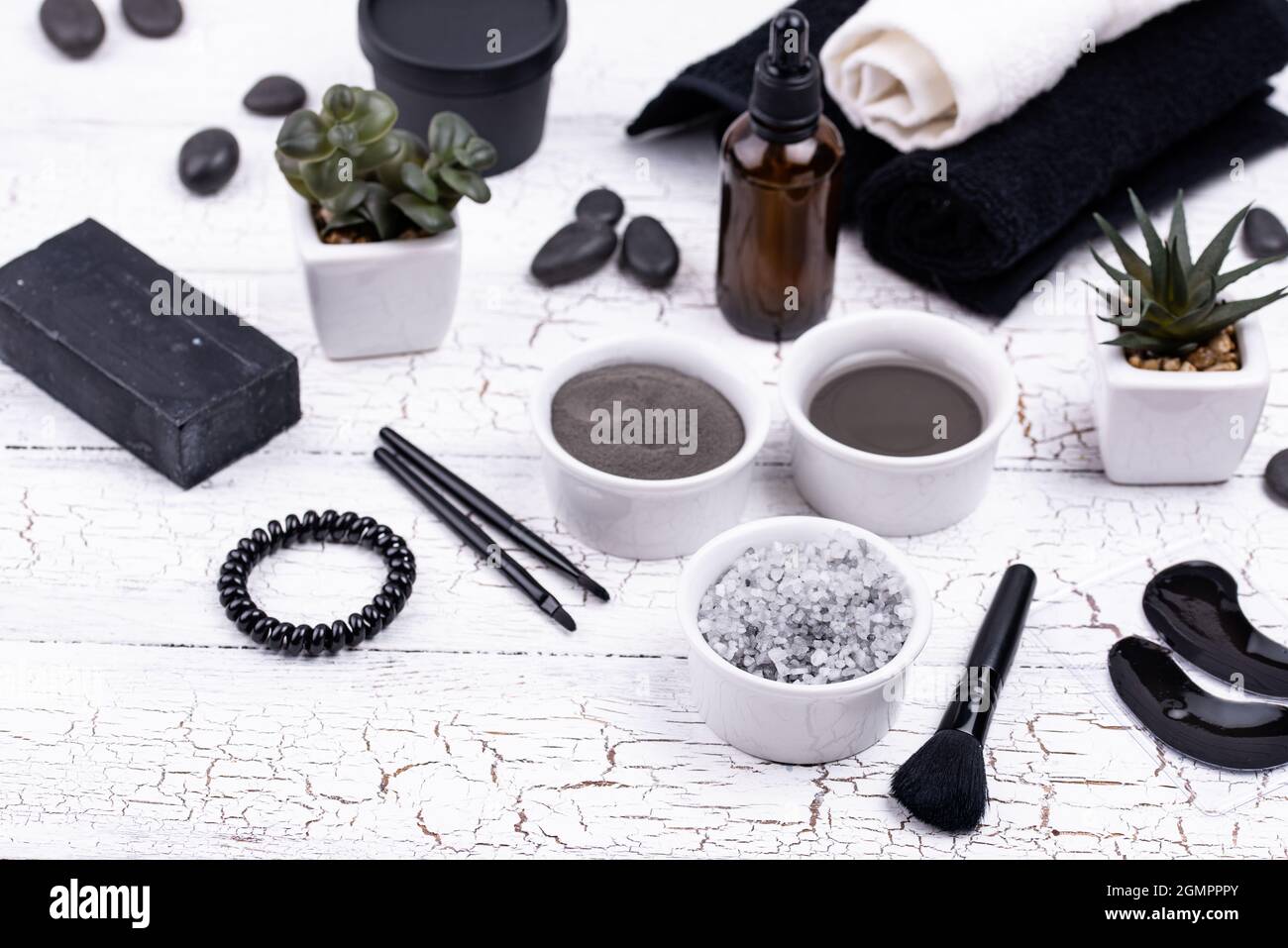Set of black charcoal detox cosmetics Stock Photo - Alamy