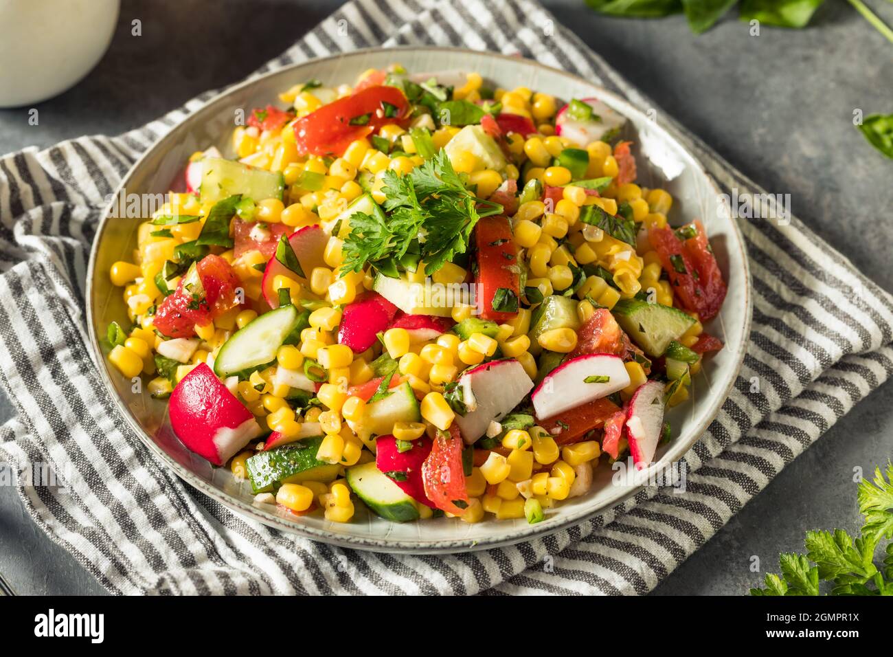 Healthy Homemade Sweet Corn Salad with Tomato and Cucumber Stock Photo ...