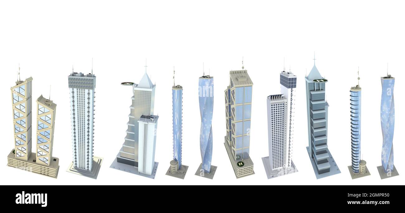 10 side view high detailed renders of fictional design corporate tall ...