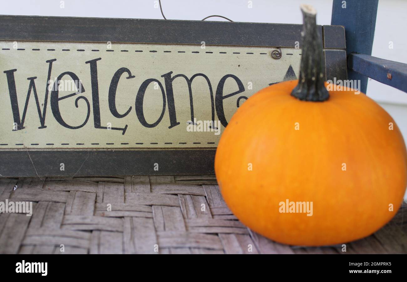 Pumpkin with welcome sign Stock Photo - Alamy