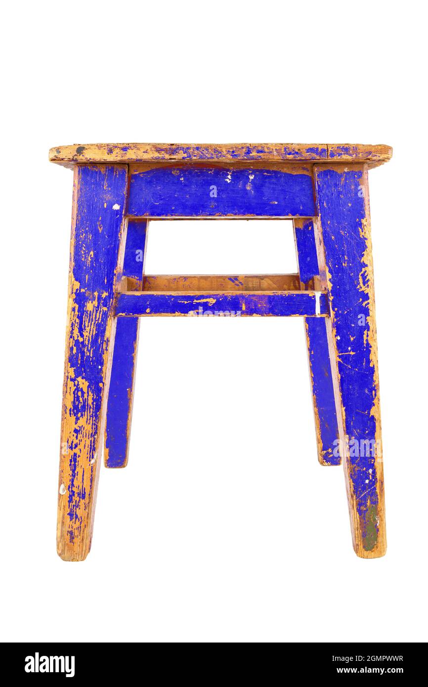 Old blue wooden stool with peeling paint. Loft style chair isolated on ...