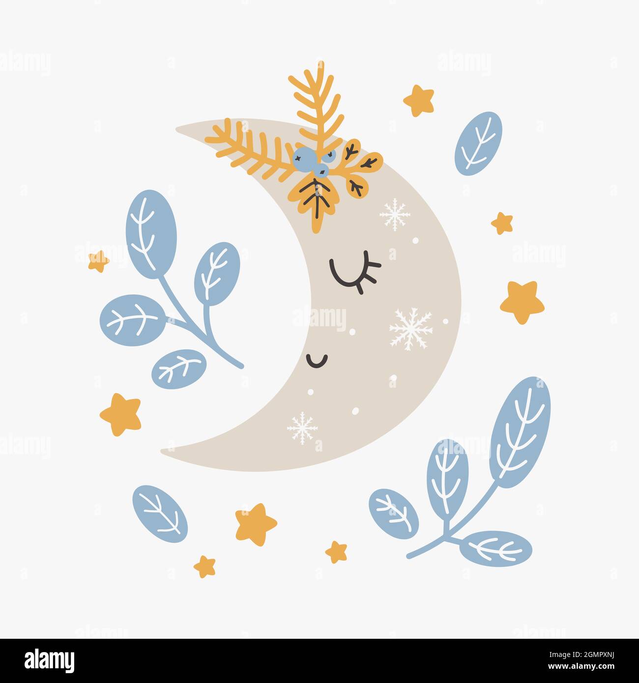 Cute christmas moon. Vector print in scandinavian style. Hand drawn ...