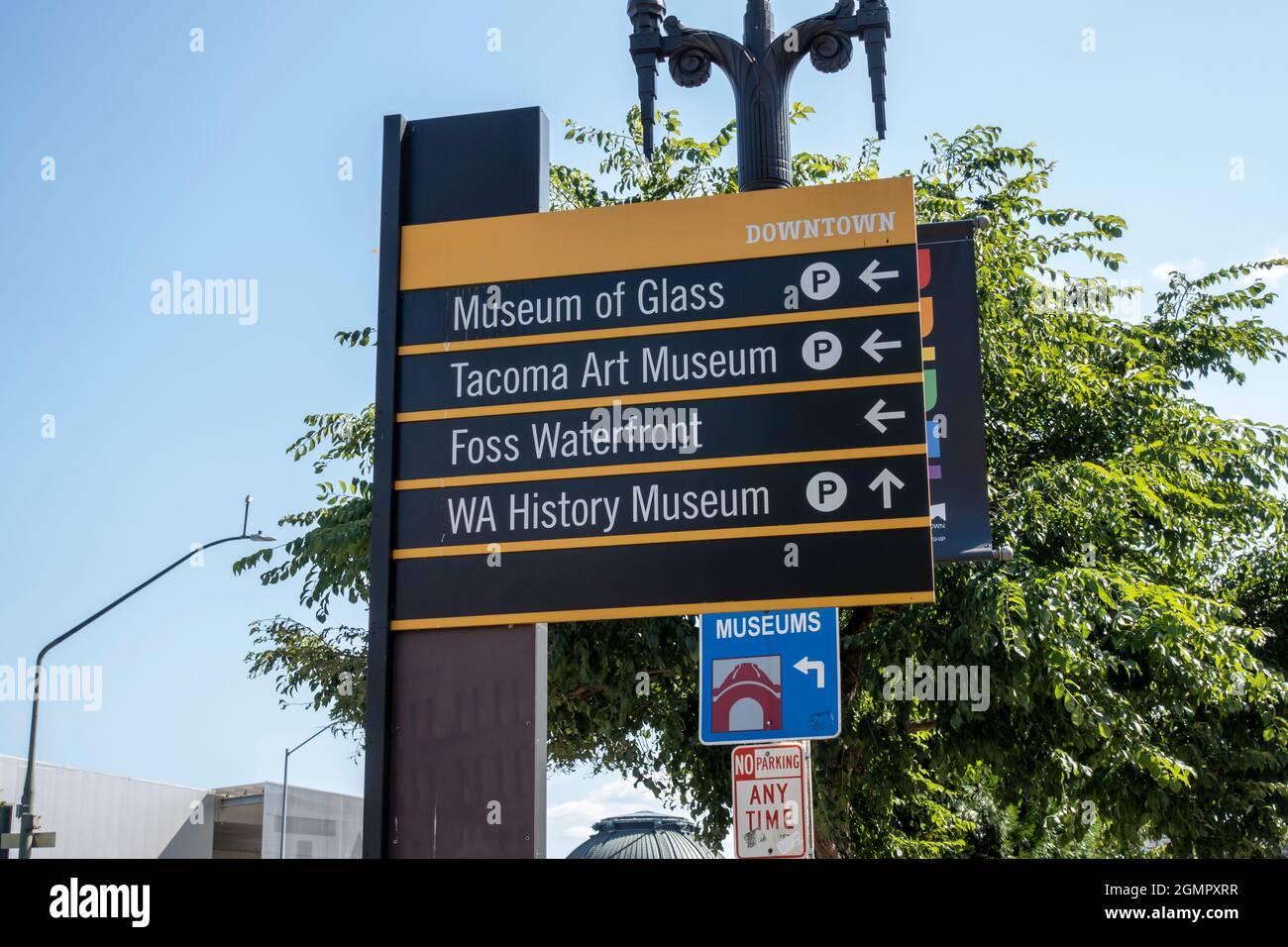 Tacoma, WA USA - circa August 2021: View of a downtown sign in the city ...