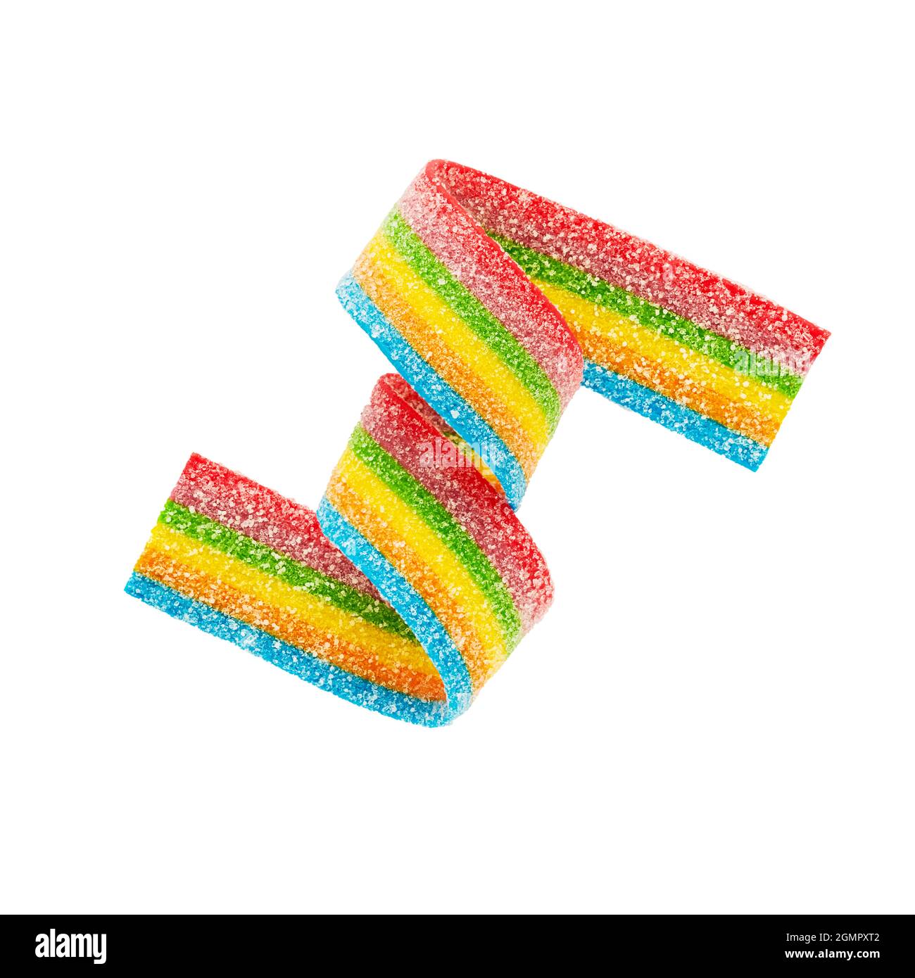 Rainbow sour jelly candy strip in sugar sprinkles isolated over white ...