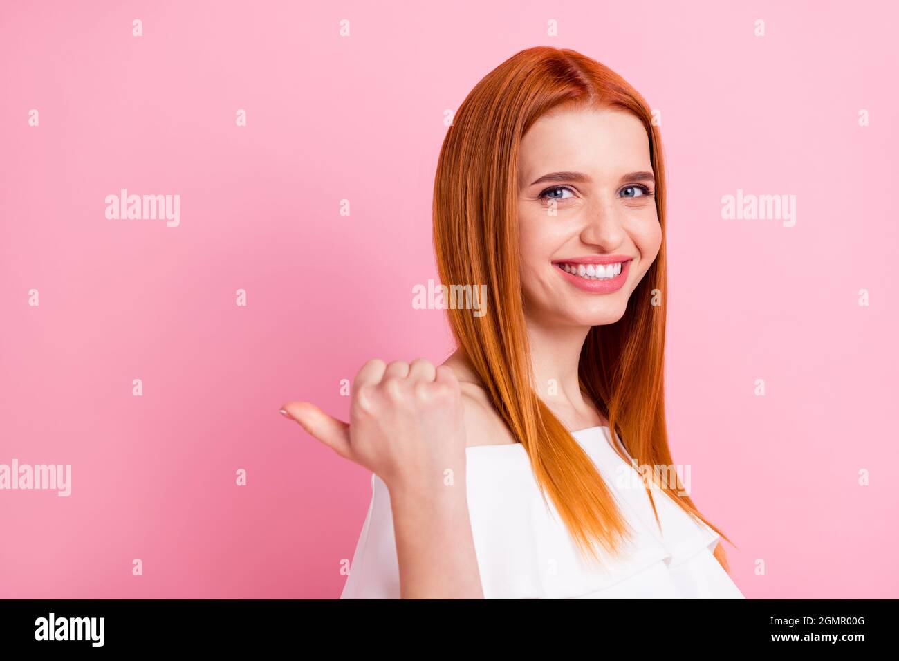 Profile side view portrait of attractive cheerful red-haired girl ...