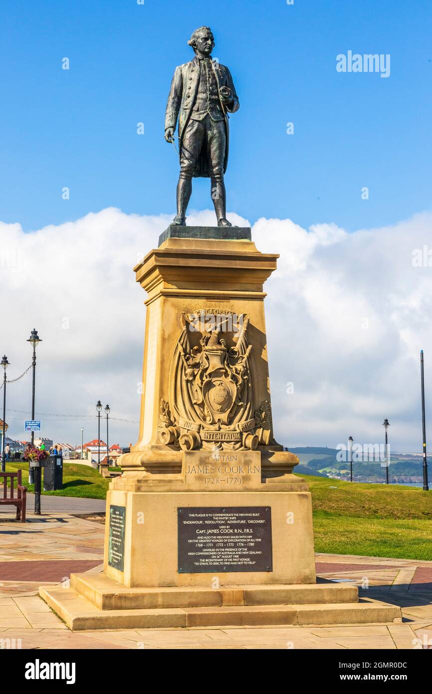 Captain Cook memorial statue on the Pavilion, Whitby over looking ...