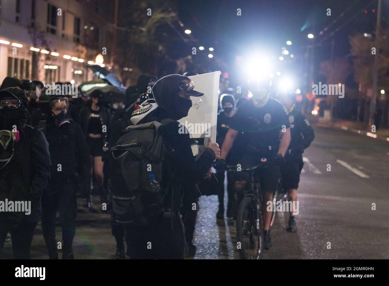 Seattle, USA. 31st Oct, 2020. Protestors facing off with Police at the ...