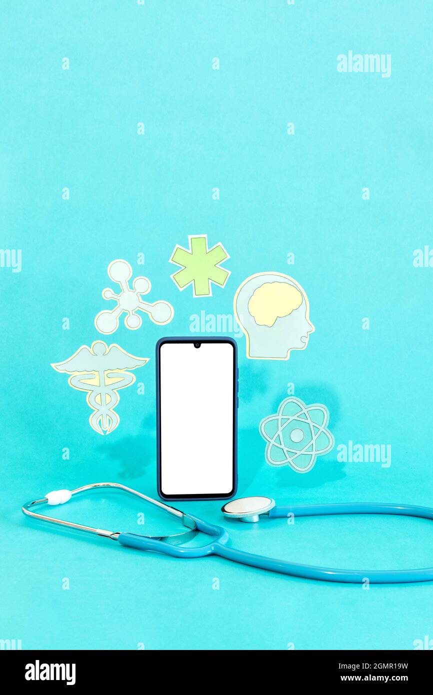 Digital illustration of smart phone with a blank screen surrounded by ...