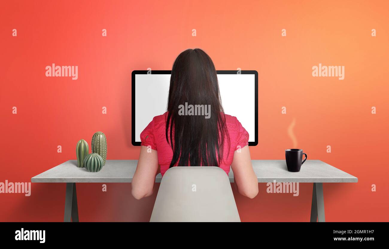 Girl work on computer. Remote, work from home concept. Work desk with ...