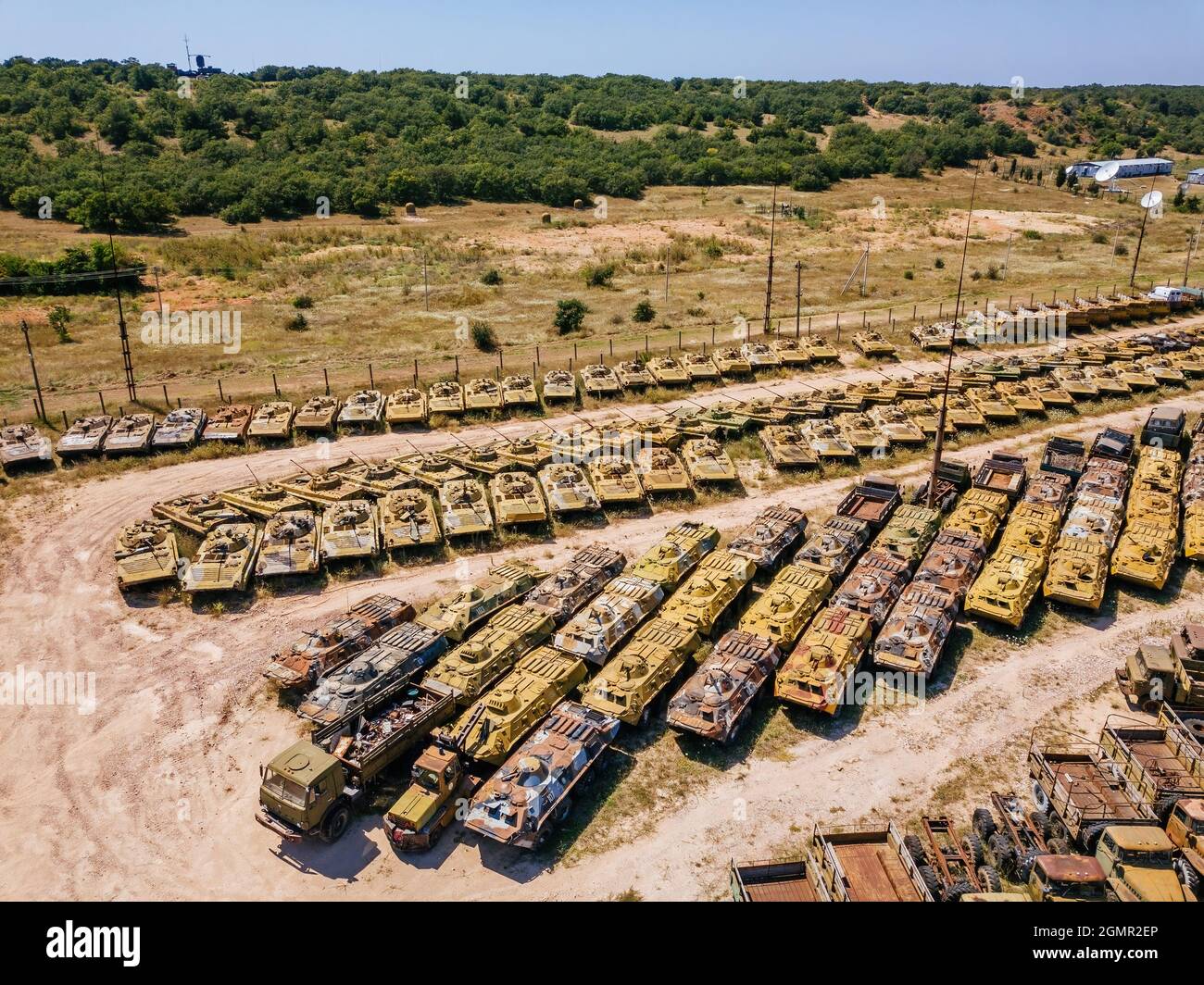 Old rusty broken Russian military vehicles in industrial area, aerial view Stock Photo - Alamy