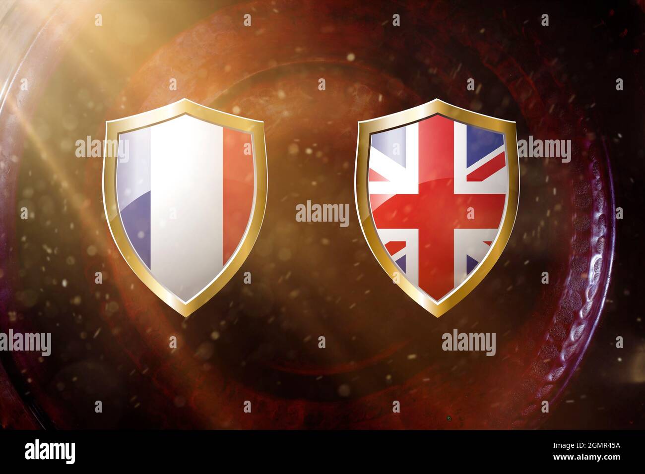 france and great britain flag in golden shield on copper texture ...