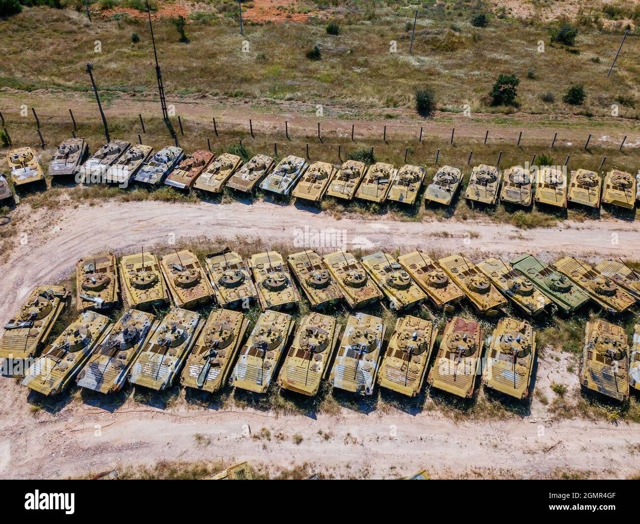 Old rusty broken Russian military vehicles in industrial area, aerial view Stock Photo - Alamy