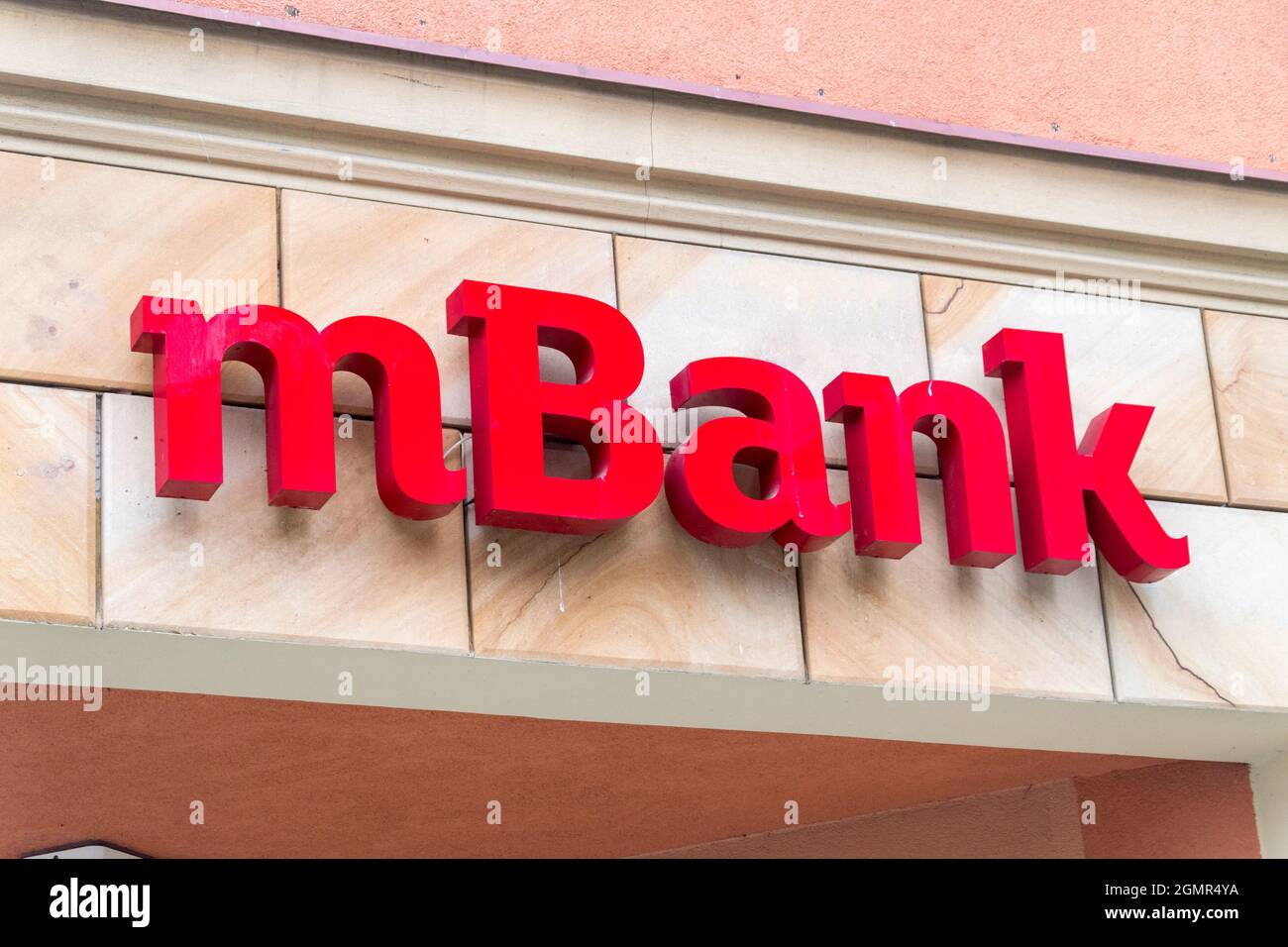 Legnica, Poland - June 1, 2021: Red logo of one of largest bank mBank ...
