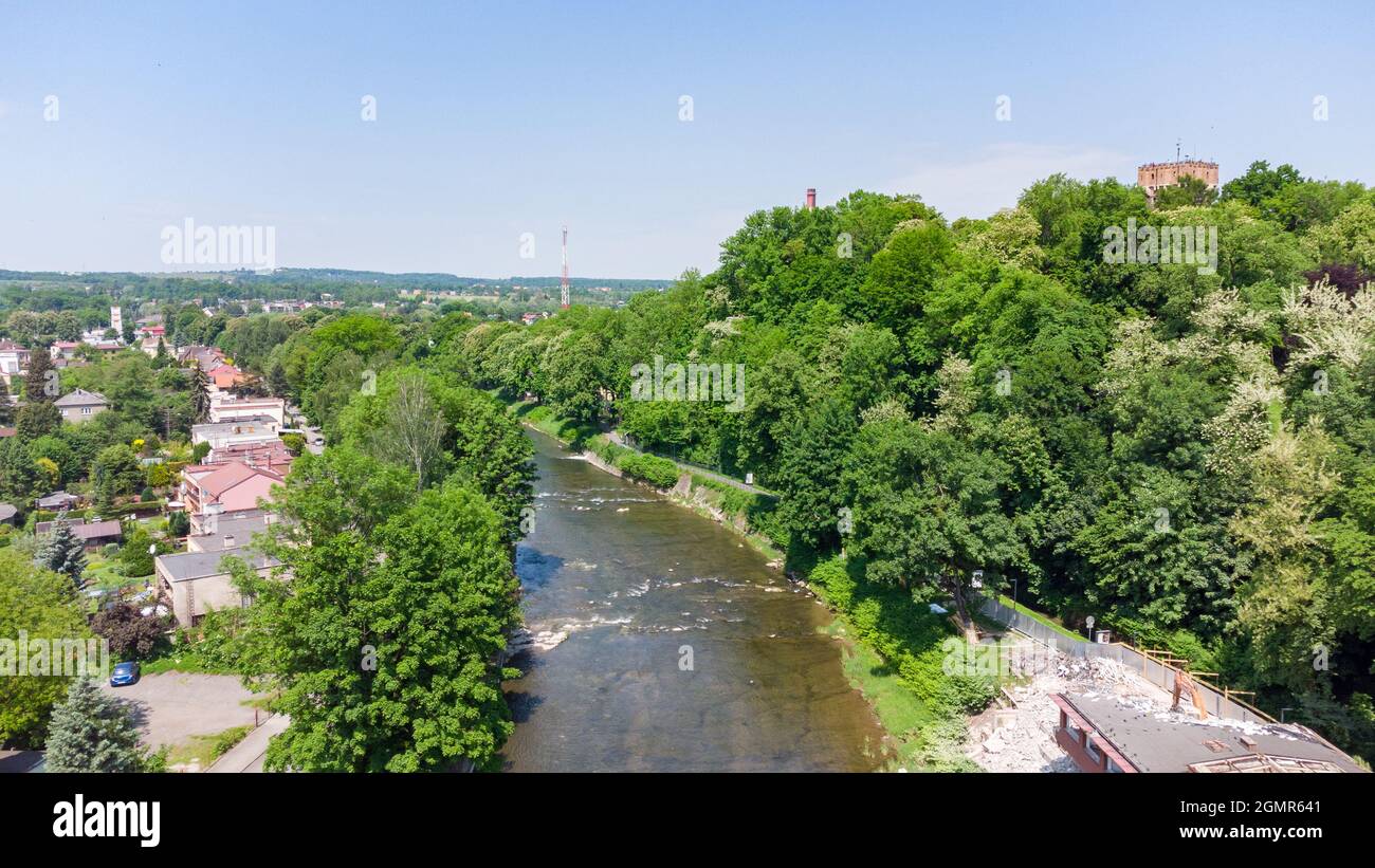 Aerial view on Olza river on a border between Poland and Czech Republic ...