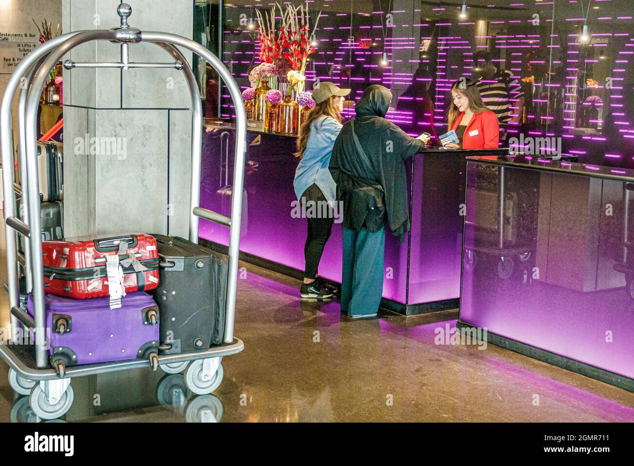 Inside interior lobby front check in reception desk hi-res stock ...