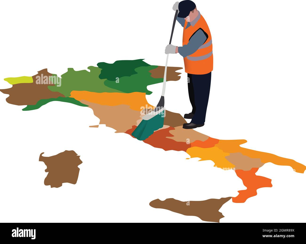 Illustration of an ecological operator with a broom cleaning Italy's ...