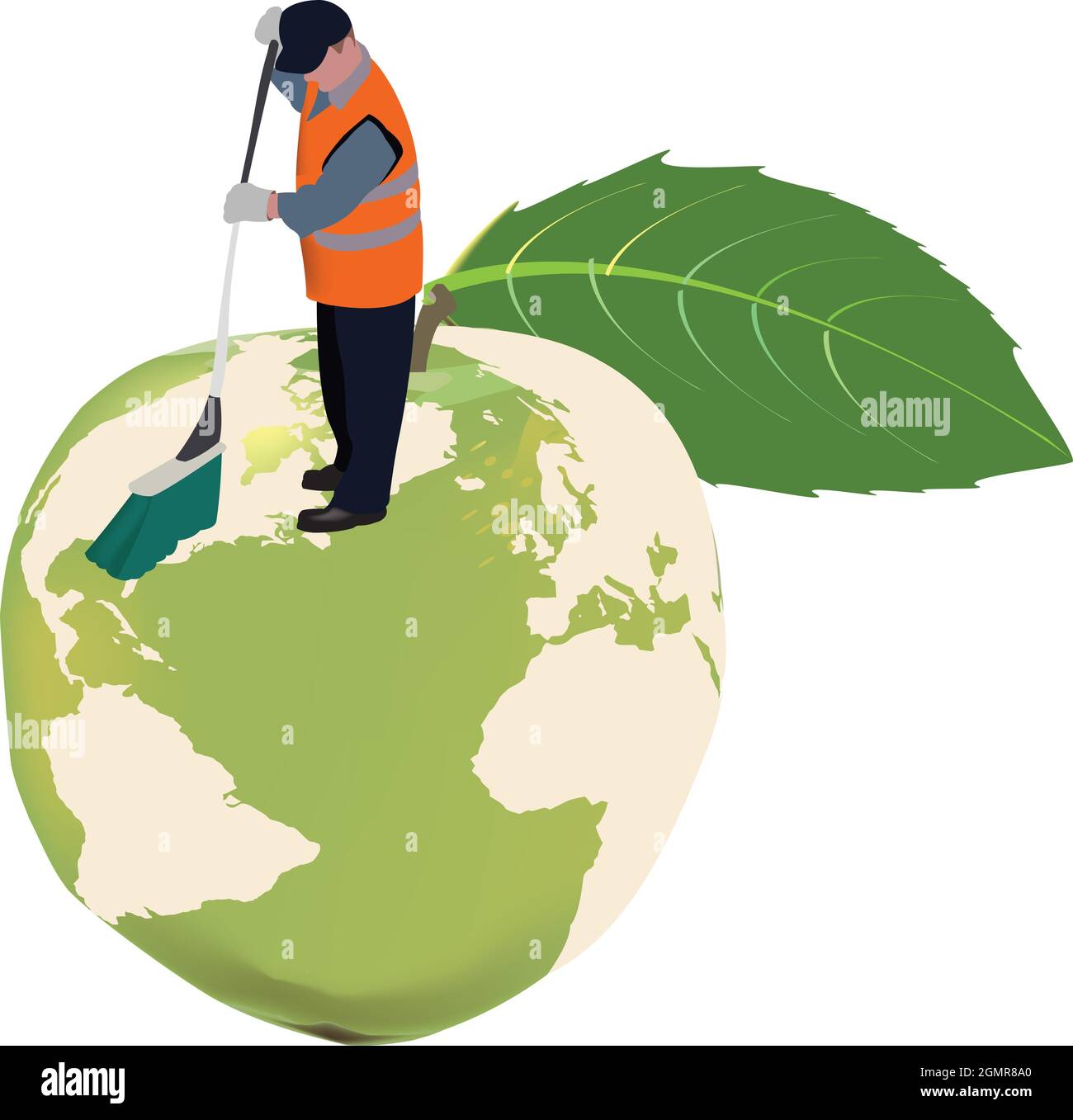 Illustration of an ecological operator with a broom cleaning a ...