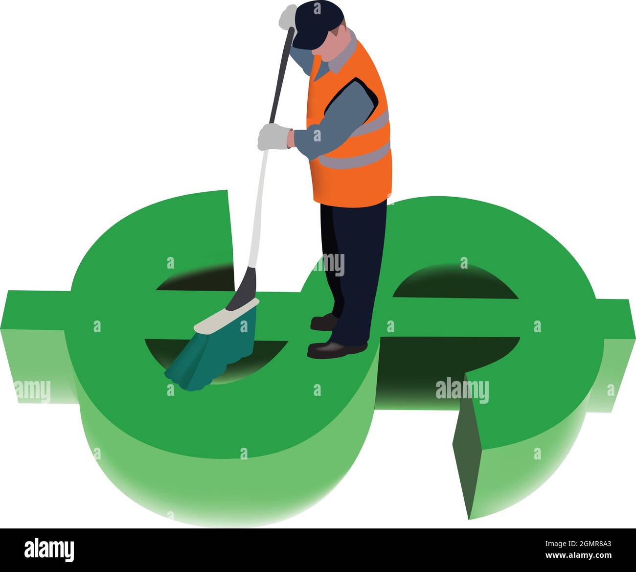 Illustration of an ecological operator with a broom cleaning the dollar ...