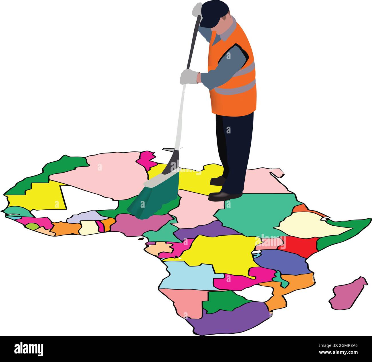 Illustration of an ecological operator with a broom cleaning Africa's ...
