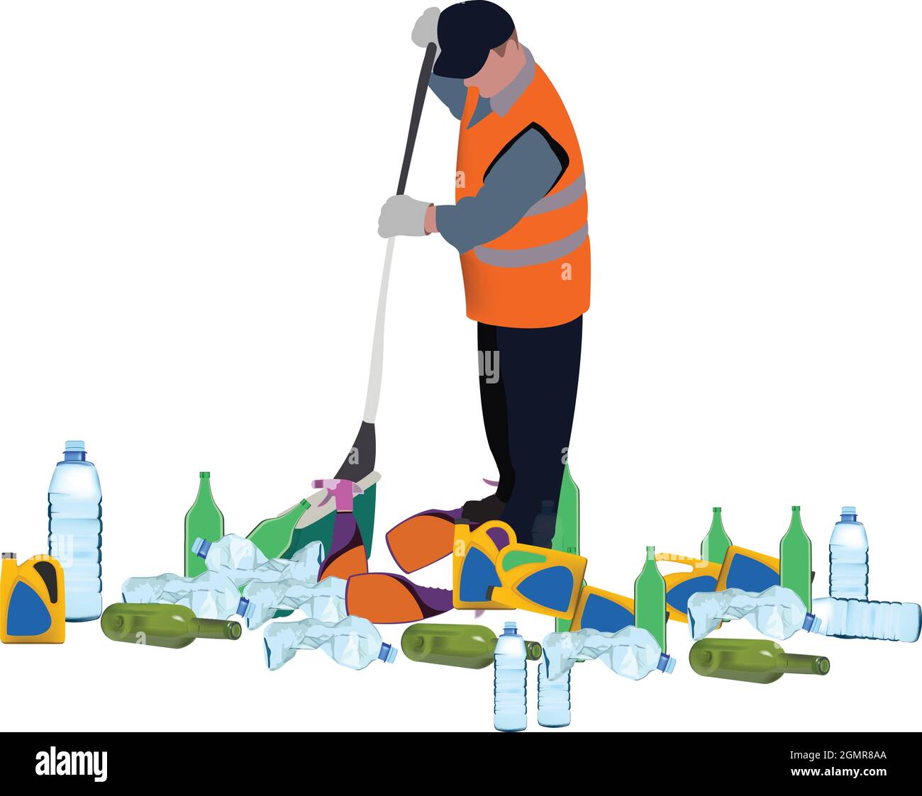 Illustration of an ecological operator with a broom cleaning plastic ...