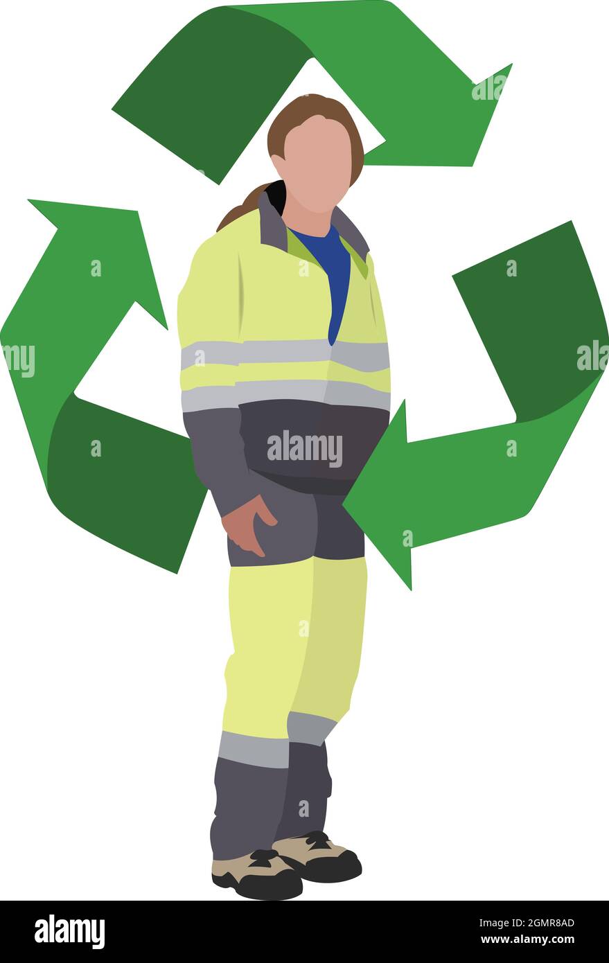 Illustration of an ecological worker in uniform over a recycling sign ...